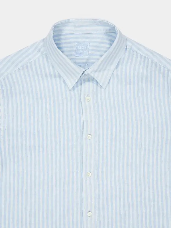 120% Lino Baby Short-sleeve Regular Fit Linen Shirt - Blue