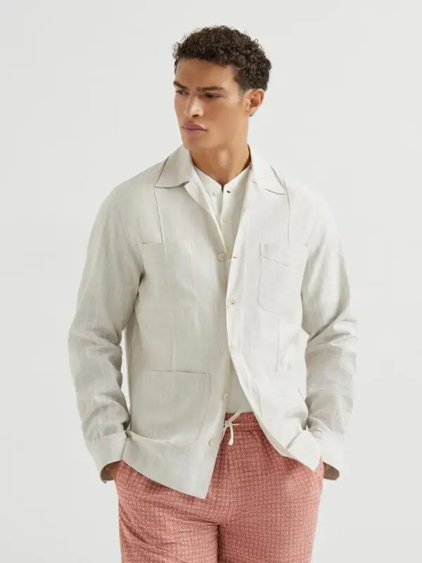 Brunello Cucinelli Rope Cotton And Linen Jacquard Stripe Easy Fit Guayabera - Beige