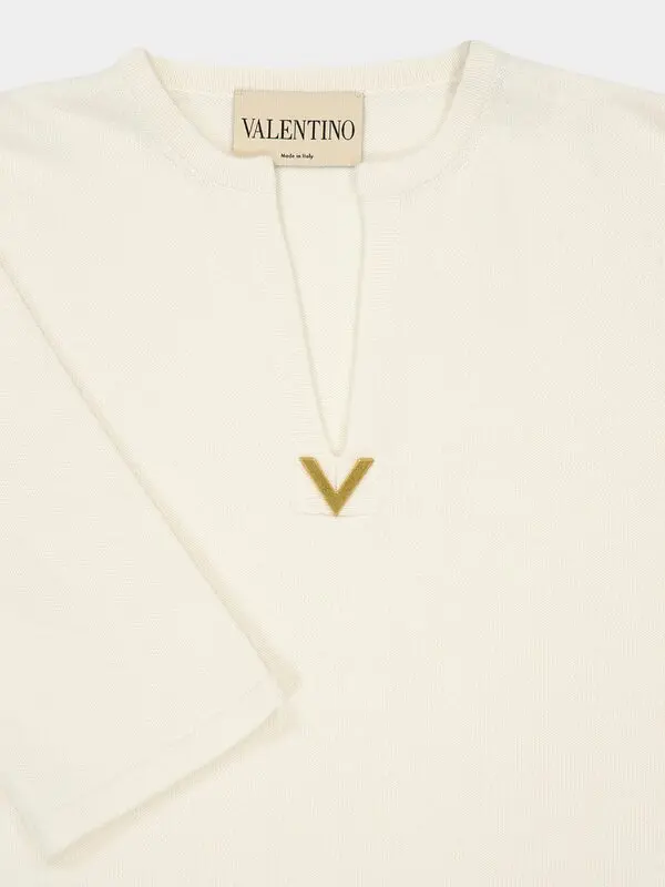 Valentino Garavani Long-sleeve Wool Top With V Detail - Cream