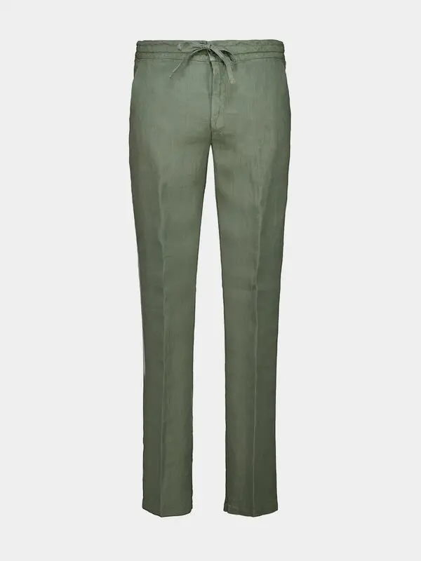 120% Lino Drawstring Linen Pants - Green