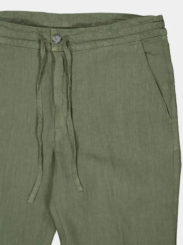 120% Lino Drawstring Linen Pants - Green