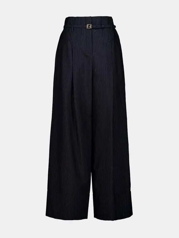 Fendi Pinstriped Wool Wide Leg Trousers - Blue