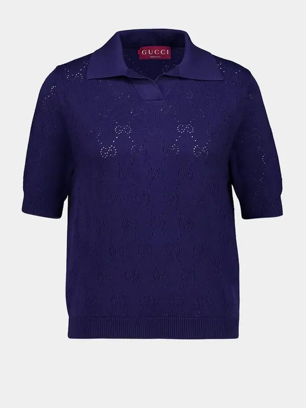 Gucci Cotton-silk Gg Pointelle Polo Shirt - Blue