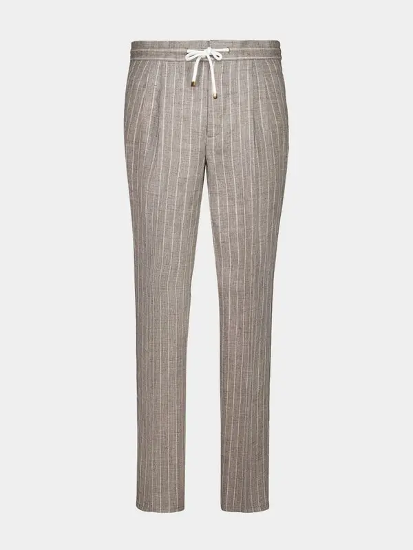 Brunello Cucinelli Chalk Stripe Linen Trousers - Brown