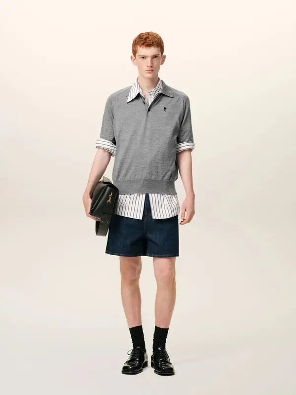 Ami Wool Short Sleeves De Coeur Polo - Grey