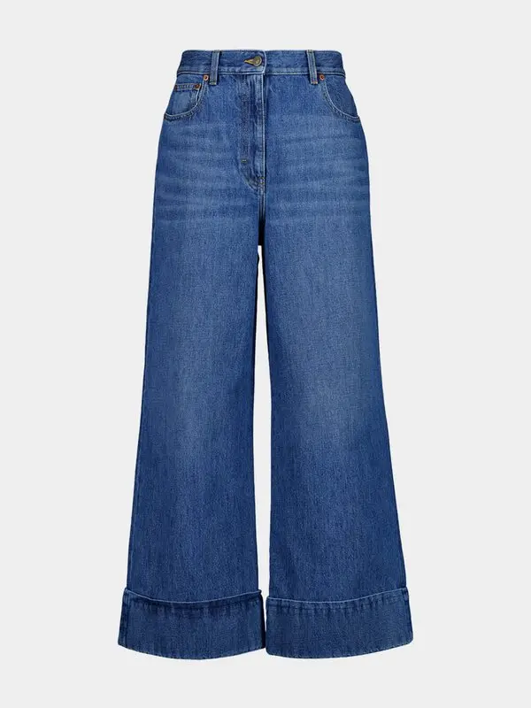 Valentino Garavani Denim Wide Leg Trousers With Cuffs