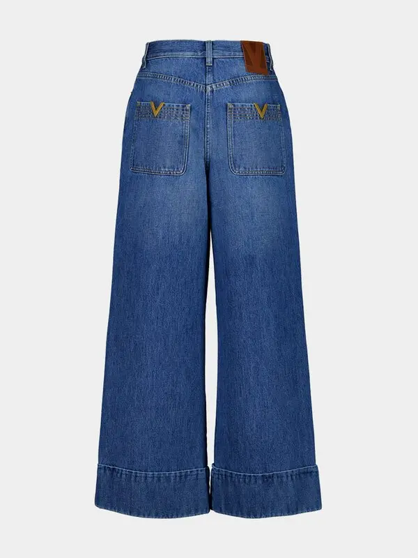 Valentino Garavani Denim Wide Leg Trousers With Cuffs