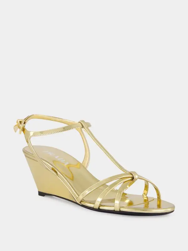 Prada Leather Wedge Sandals - Gold