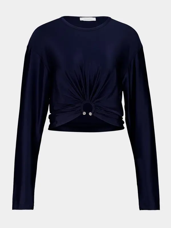 Rabanne Deep Navy Satin Crop Top With Piercing Detail - Blue