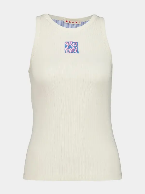 Marni Ribbed Cotton Tank Top With Logo - Cream