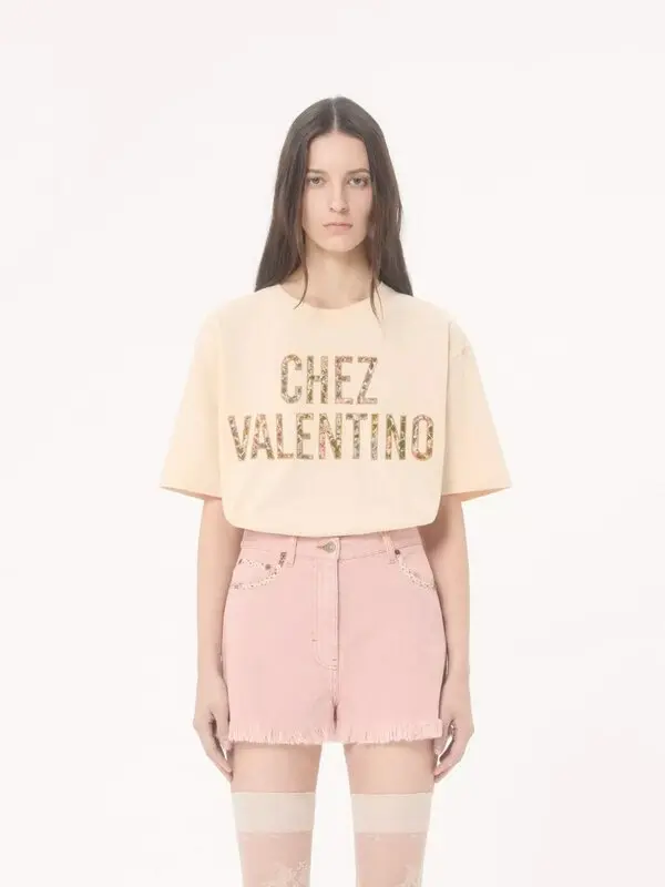 Valentino Garavani Embroidered Cotton T-shirt - Beige