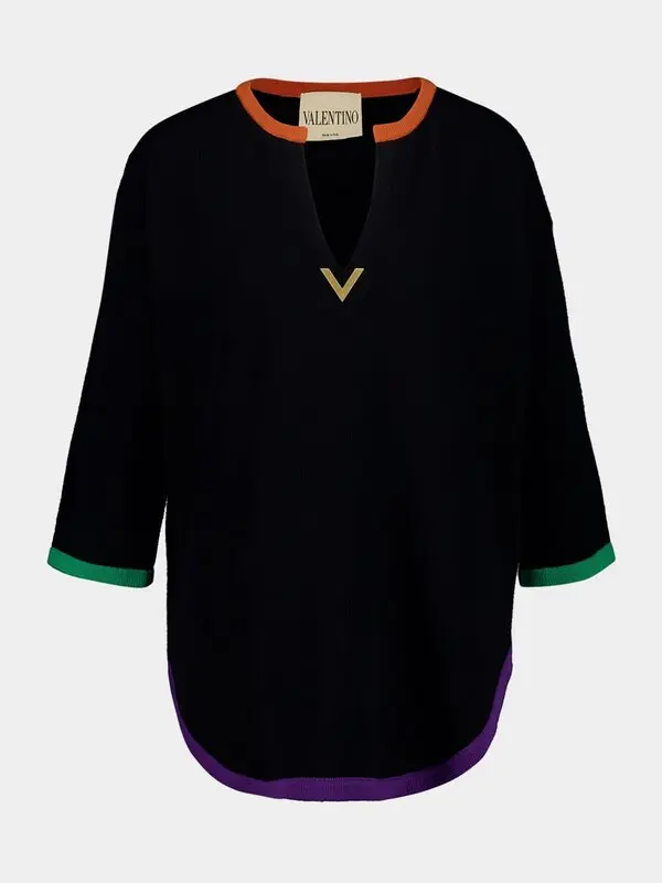 Valentino Garavani Long-sleeve Wool Top With V Detail - Black