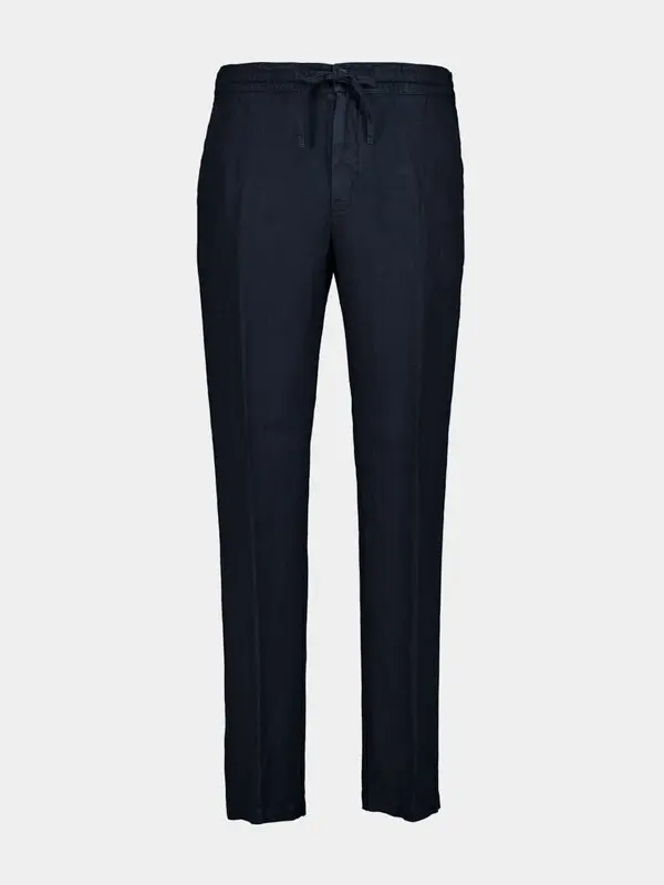 120% Lino Linen Drawstring Trousers - Blue