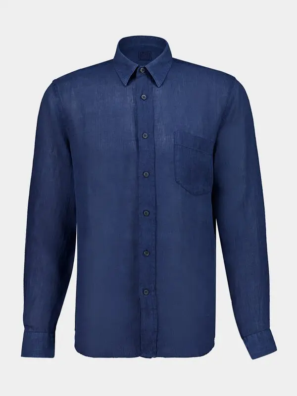 120% Lino Navy Linen Long-sleeved Shirt - Blue