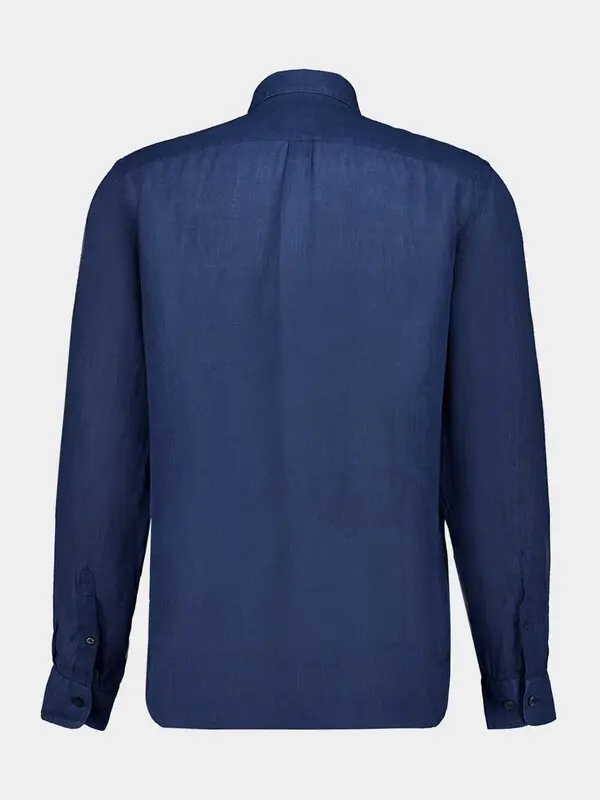 120% Lino Navy Linen Long-sleeved Shirt - Blue