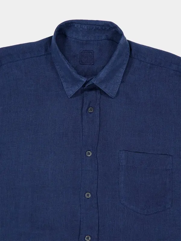 120% Lino Navy Linen Long-sleeved Shirt - Blue