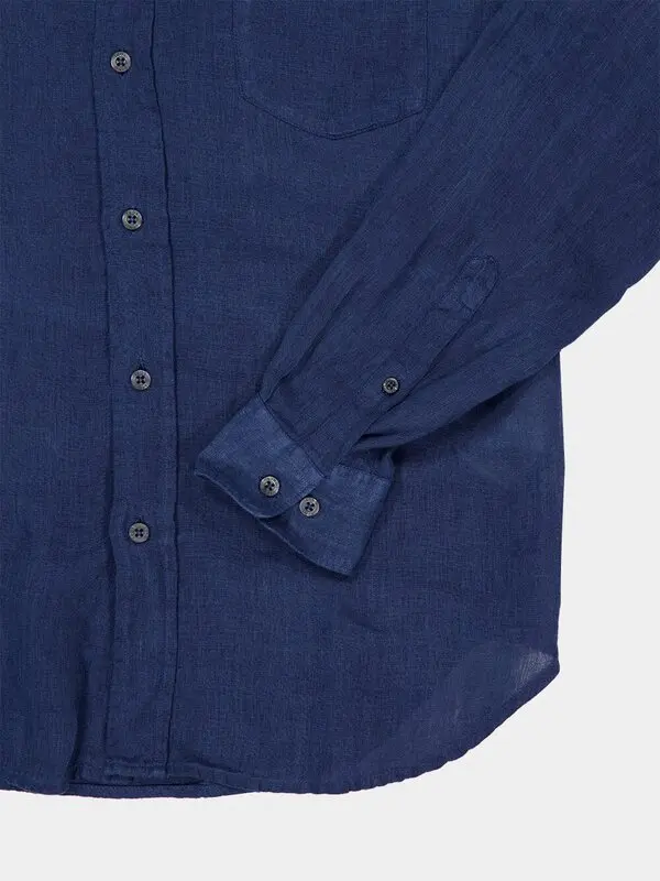 120% Lino Navy Linen Long-sleeved Shirt - Blue