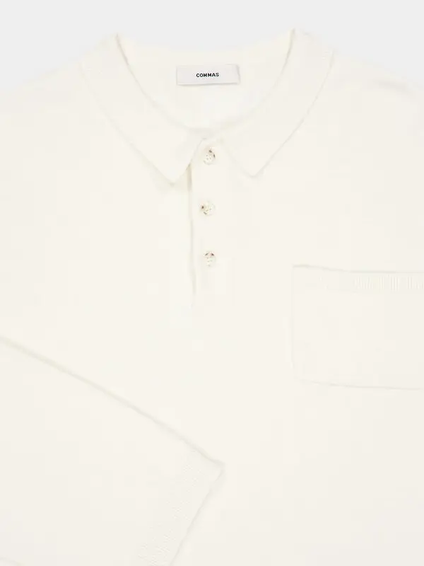 Commas Long Sleeve Boxy Knit Cotton Polo - Cream