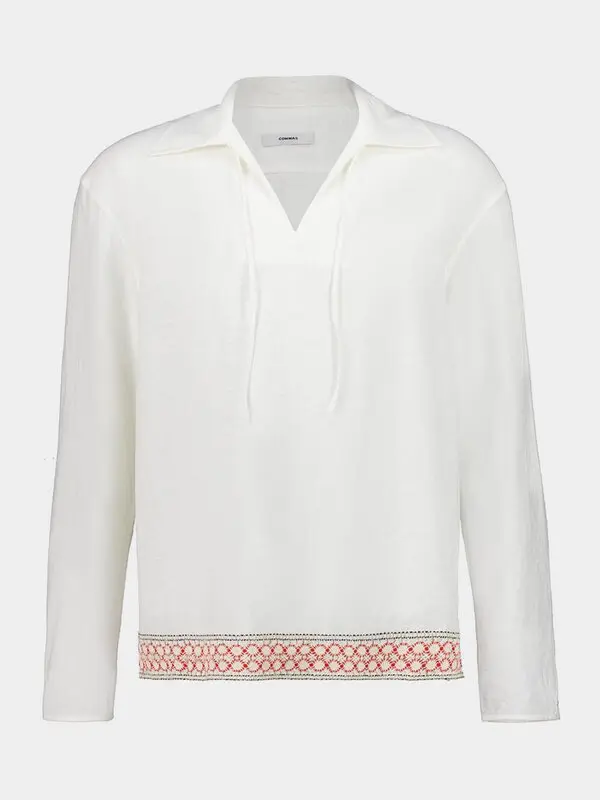 Commas Tie Crochet Trim Linen Shirt - White