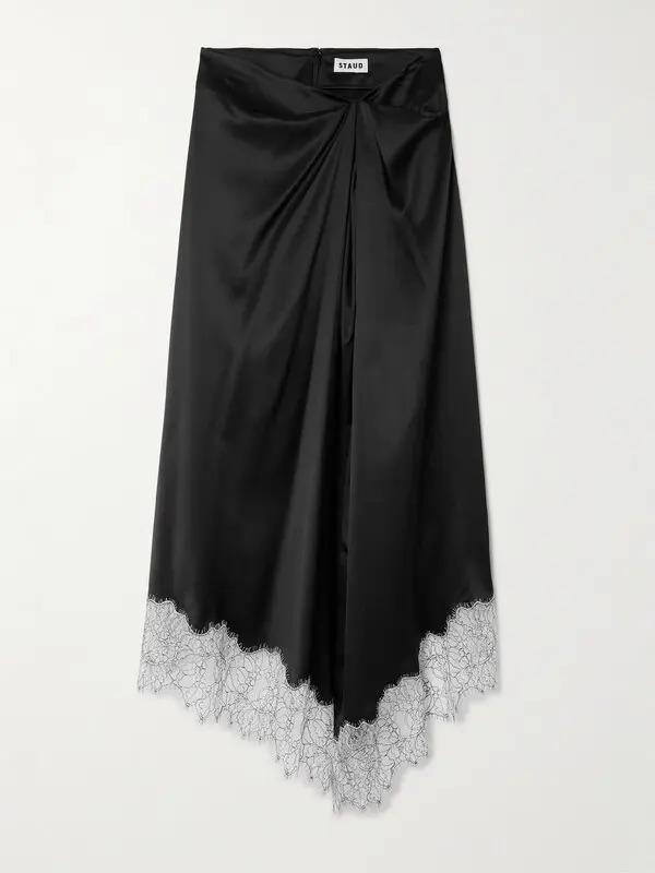 Staud Sonoma Asymmetric Lace-trimmed Midi Skirt