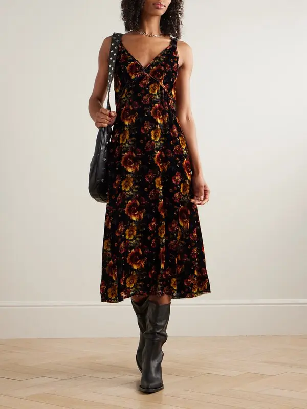 R13 Floral-print Velvet Midi Dress