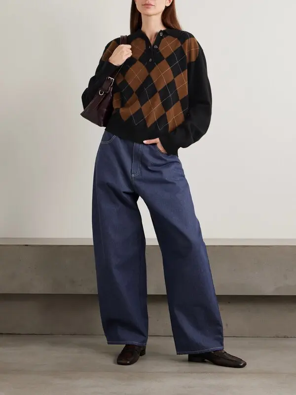 RÓHE Argyle Wool Polo Sweater - Black