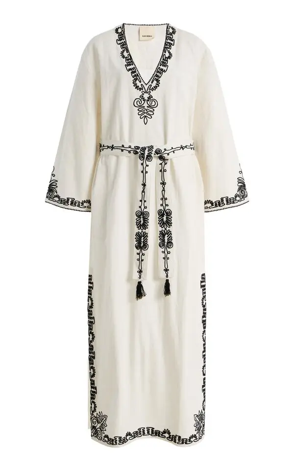 ILIO NEMA Celeus Dori-embroidered Cotton Caftan - Black,white