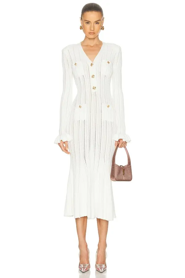 SELF-PORTRAIT Pointelle Knit Midi Dress - White