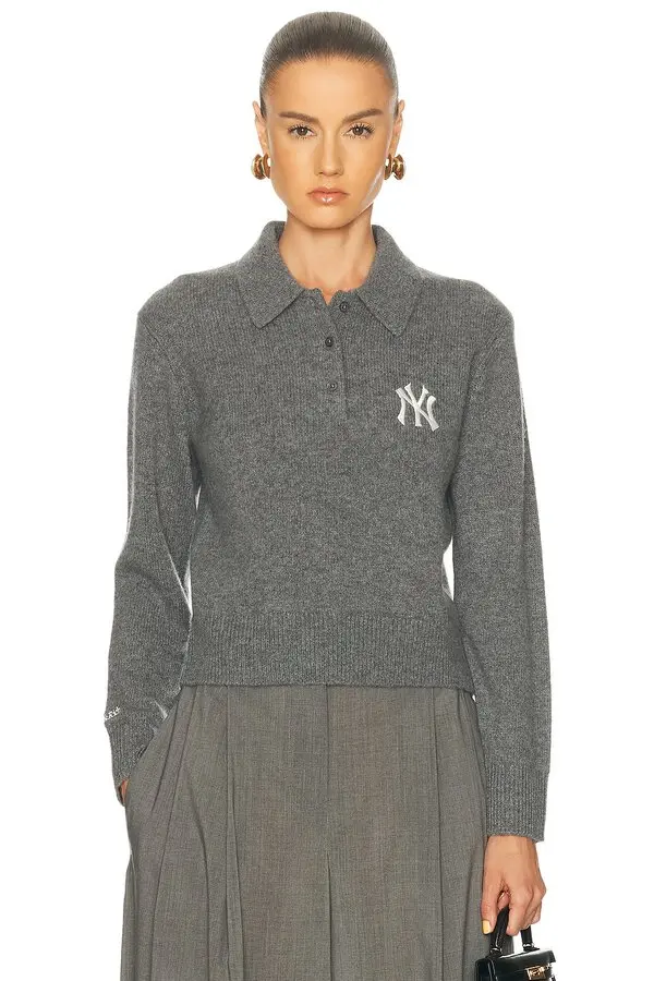 SPORTY & RICH Heritage Yankees Serif Cashmere Polo Sweater - Dark Grey