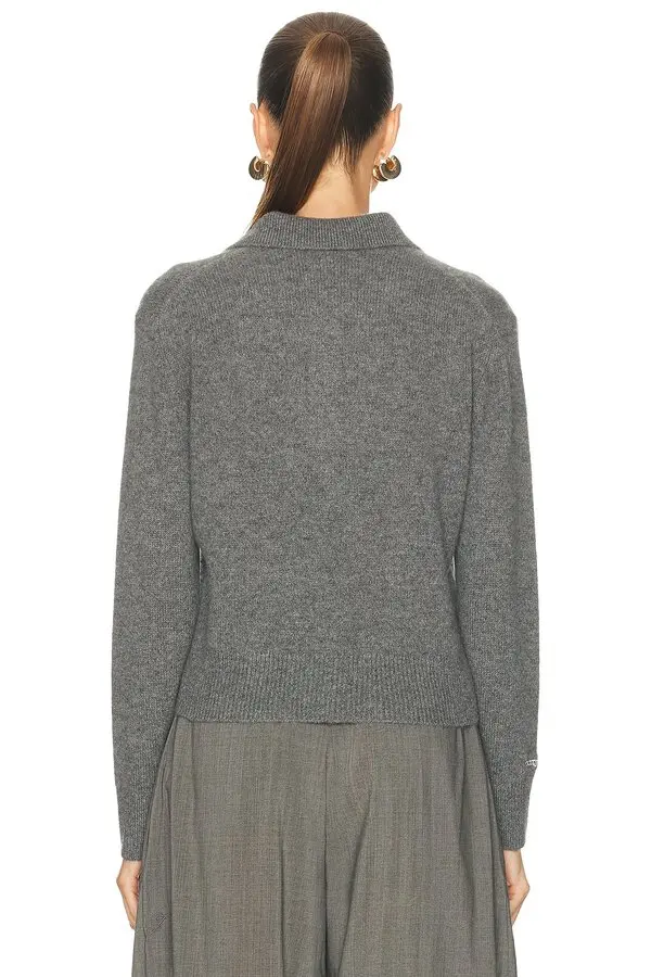 SPORTY & RICH Heritage Yankees Serif Cashmere Polo Sweater - Dark Grey