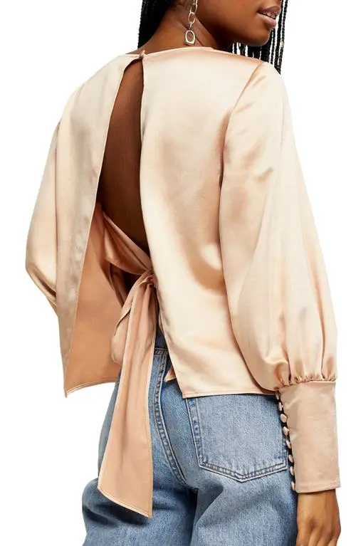 Topshop Tie Back Long Sleeve Satin Blouse
