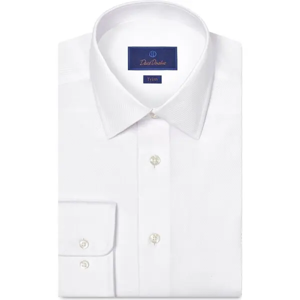 David Donahue Trim Fit Solid Stretch Cotton Twill Dress Shirt - White