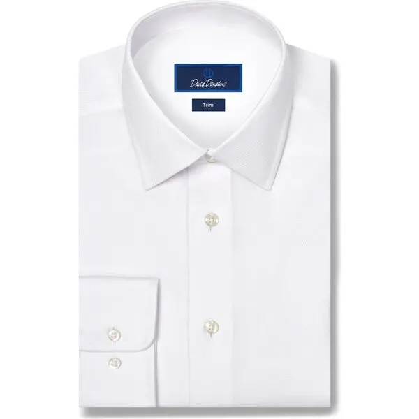 David Donahue Trim Fit Solid Stretch Cotton Twill Dress Shirt - White