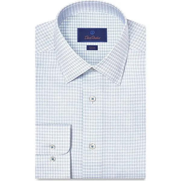 David Donahue Slim Fit Microcheck Stretch Cotton Twill Dress Shirt - White/blue