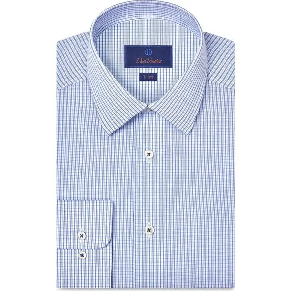 David Donahue Trim Fit Microcheck Cotton Poplin Dress Shirt - White/blue