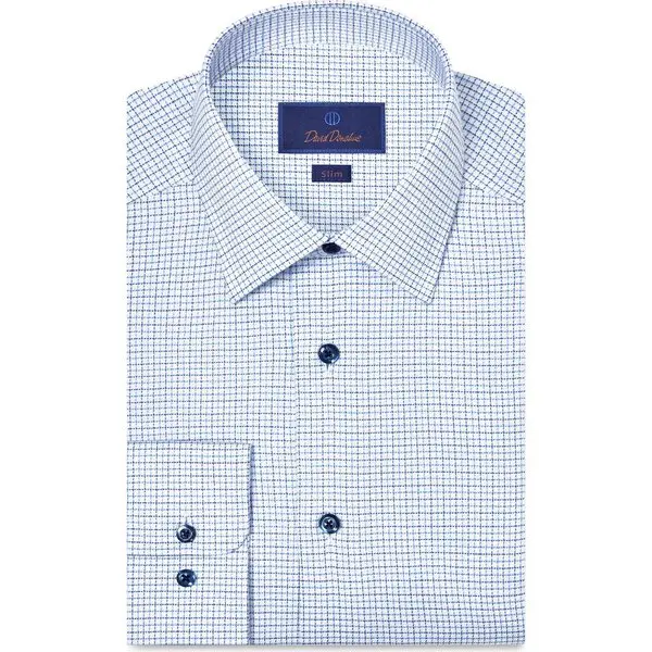 David Donahue Slim Fit Microcheck Stretch Cotton Twill Dress Shirt - White/blue