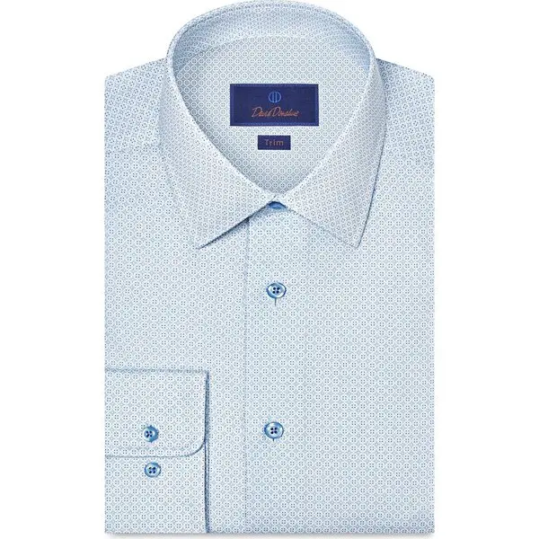 David Donahue Trim Fit Geometric Print Cotton Dress Shirt - White/sky