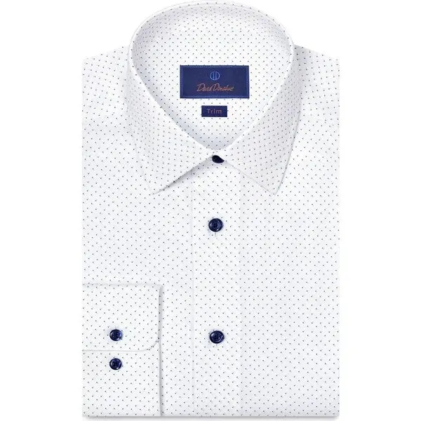 David Donahue Trim Fit Geometric Dot Print Stretch Cotton Dress Shirt - White/navy