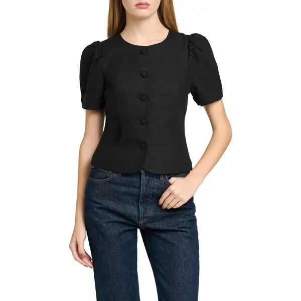WAYF Blair Button Front Linen Blend Top - Black