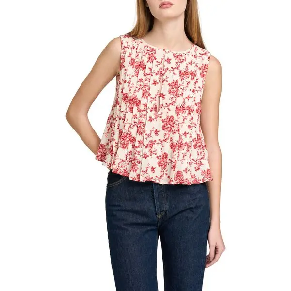 WAYF Romy Floral Pleated Top - Red Toile