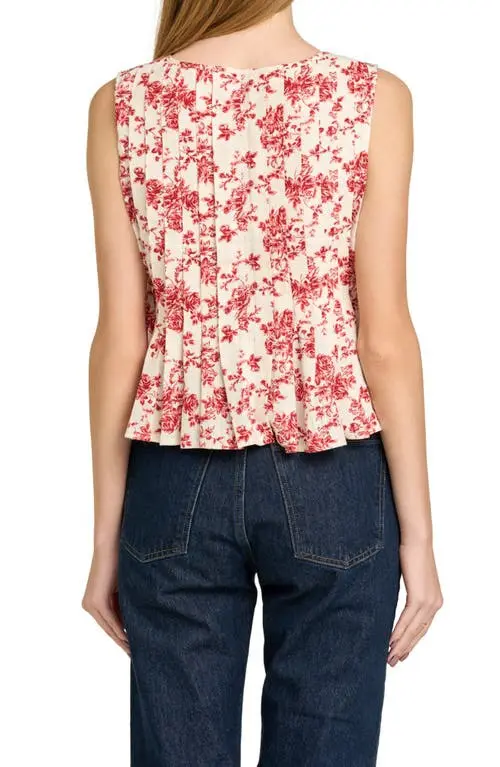 WAYF Romy Floral Pleated Top - Red Toile