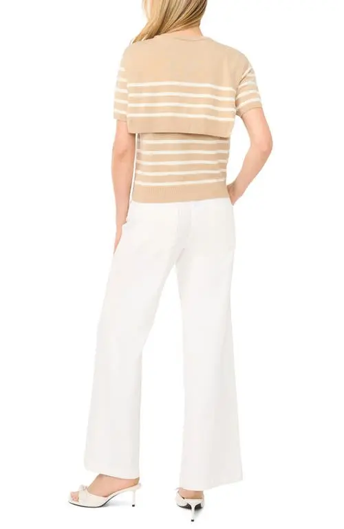 Halogen Stripe Shoulder Wrap Short Sleeve Sweater