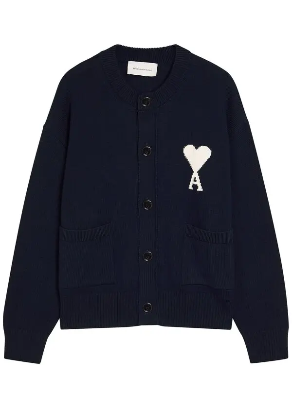 Ami Logo-intarsia Wool-blend Cardigan - Navy