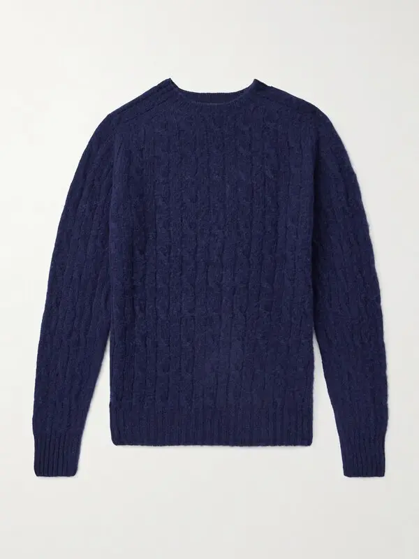 DRAKE'S Cable-knit Brushed Shetland Wool Sweater - Blue