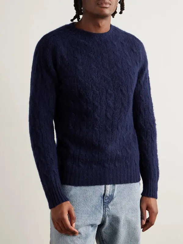 DRAKE'S Cable-knit Brushed Shetland Wool Sweater