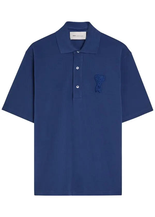 Ami Logo-appliquéd Piqué Cotton Polo Shirt - Navy