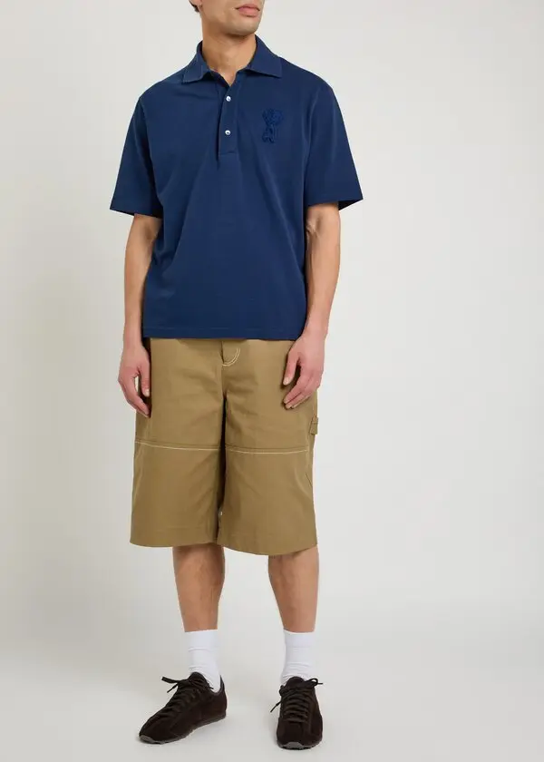 AMI Paris Logo-appliquéd Piqué Cotton Polo Shirt - Navy