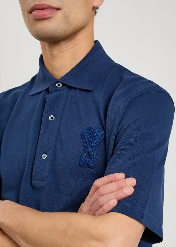 AMI Paris Logo-appliquéd Piqué Cotton Polo Shirt - Navy