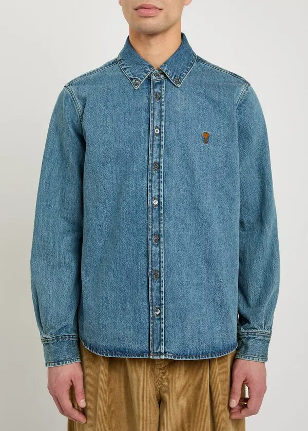 Ami Logo-embroidered Denim Shirt - Blue