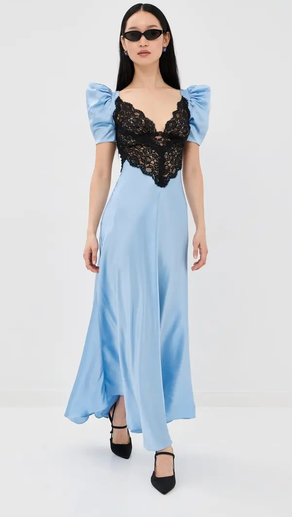 Rodarte Silk Satin Short Sleeve Maxi Dress - Blue | Editorialist